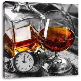 Pixxprint Leinwandbild Man Things mit Whiskey und Uhr