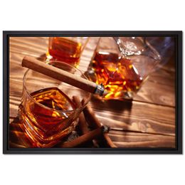 Pixxprint Leinwandbild Edler Whiskey mit Zigarre