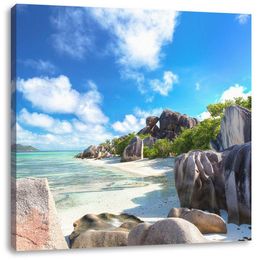 Pixxprint Leinwandbild Seychellen Strand
