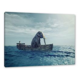 Pixxprint Leinwandbild lustig sitzender Elefant im Boot
