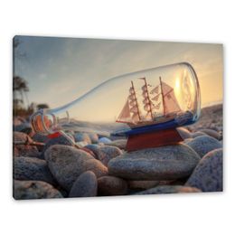 Pixxprint Leinwandbild Flasche mit Schiff