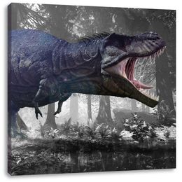 Pixxprint Leinwandbild T-Rex Dinosaurier im Wald
