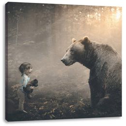 Pixxprint Leinwandbild Mädchen mit Teddy und Bär im Wald