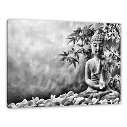 Pixxprint Leinwandbild Buddha auf Steinen mit Monoi Blüte