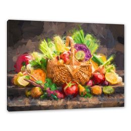 Pixxprint Leinwandbild Obst und Gemüse im Korb