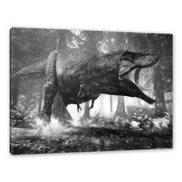 Pixxprint Leinwandbild T-Rex Dinosaurier im Wald Kunst