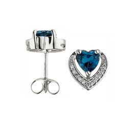 Jobo Paar Ohrstecker Herz-Ohrringe mit Blautopas und 22 Diamanten, 585 Weißgold, silberfarben