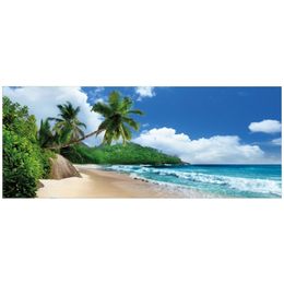 Wallario Acrylglasbild, Urlaub auf den Seychellen unter Palmen am Sandstrand