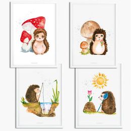 Sunnywall Poster Poster Kinderzimmer Igel Familie (4er Set)