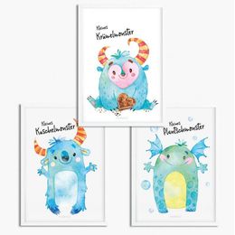 Sunnywall Poster Poster Kinderzimmer Monster (3er Set)