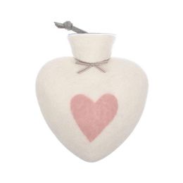 DOROTHEE LEHNEN Wärmflasche mit Bezug aus 100% Merinowolle in Herzform; Herzwärmflasche in Weiß mit rosafarbenem Herz Motiv; Made in Germany