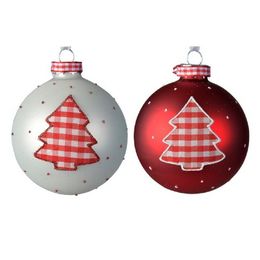 Kaemingk Christbaumschmuck Glaskugel mit Weihnachtsbaum Stoff karo Weihnachtskugel Baumschmuck 2 er Set (2-tlg)