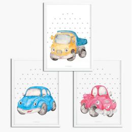 Sunnywall Poster Poster Kinderzimmer Kleine Autos- Little Cars (3er Set)