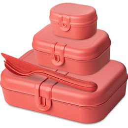 Koziol Lunchbox, Holz, Kunststoff, (Set, 6-tlg., 3 Lunchboxen +1 Besteckset bestehend aus 1x Messer,1x Gabel, 1x Löffel), biozirkulärem Material,spülmaschinengeeignet,melaminfrei,recycelbar, rot