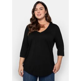 sheego Große Größen: 3/4-Arm-Shirt mit V-Ausschnitt, in leichter A-Linie, schwarz, Gr.48/50