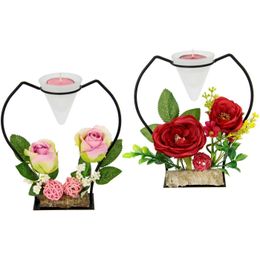 I.GE.A. Teelichthalter Rose (Set, 2 St), Glas, Metall, Kunststoff, rot/rosa, rosa|rot