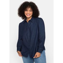 sheego Große Größen: Jeansbluse mit angekräuselter Schulternaht, dark blue Denim, Gr.40