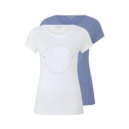 Tom Tailor Denim Damen Basic T-Shirt im Doppelpack mit Logoprint, blau, Gr. L