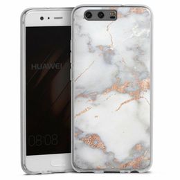 DeinDesign Handyhülle Gold Marmor Glitzer Look White and Golden Marble Look, Huawei P10 Silikon Hülle Bumper Case Handy Schutzhülle, weiß, transparent