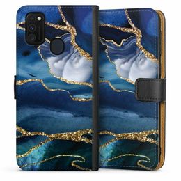 DeinDesign Handyhülle Blue Marble Gold Glitter Look, Hülle, Handy Flip Case, Wallet Cover, Handytasche Leder Marmor Blau Gold & Kupfer, schwarz