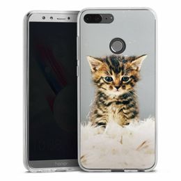 DeinDesign Handyhülle Katze Haustier Feder Kitty, Huawei Honor 9 Lite Silikon Hülle Bumper Case Handy Schutzhülle, weiß, transparent