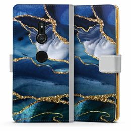 DeinDesign Handyhülle Blue Marble Gold Glitter Look, Hülle, Handy Flip Case, Wallet Cover, Handytasche Leder Marmor Blau Gold & Kupfer, weiß