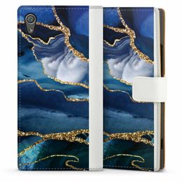 DeinDesign Handyhülle Blue Marble Gold Glitter Look, Hülle, Handy Flip Case, Wallet Cover, Handytasche Leder Marmor Blau Gold & Kupfer, weiß