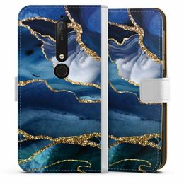DeinDesign Handyhülle Blue Marble Gold Glitter Look, Hülle, Handy Flip Case, Wallet Cover, Handytasche Leder Marmor Blau Gold & Kupfer, weiß