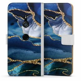 DeinDesign Handyhülle Blue Marble Gold Glitter Look, Hülle, Handy Flip Case, Wallet Cover, Handytasche Leder Marmor Blau Gold & Kupfer, weiß