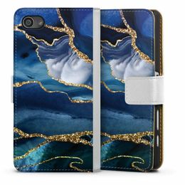 DeinDesign Handyhülle Blue Marble Gold Glitter Look, Hülle, Handy Flip Case, Wallet Cover, Handytasche Leder Marmor Blau Gold & Kupfer, weiß