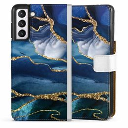 DeinDesign Handyhülle Blue Marble Gold Glitter Look, Hülle, Handy Flip Case, Wallet Cover, Handytasche Leder Marmor Blau Gold & Kupfer, weiß