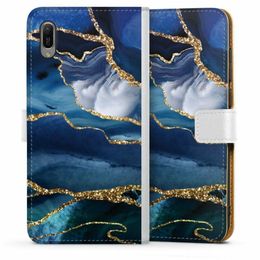 DeinDesign Handyhülle Blue Marble Gold Glitter Look, Hülle, Handy Flip Case, Wallet Cover, Handytasche Leder Marmor Blau Gold & Kupfer, weiß