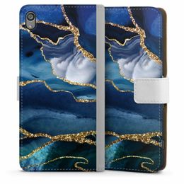 DeinDesign Handyhülle Blue Marble Gold Glitter Look, Hülle, Handy Flip Case, Wallet Cover, Handytasche Leder Marmor Blau Gold & Kupfer, weiß
