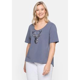 sheego Große Größen: Shirt im Trachtenlook, mit Pailletten, blaugrau, Gr.52/54