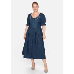 sheego Große Größen: Trachtenkleid in Leinen-Optik, mit Blütenstickerei, blau, Gr.46