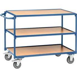 Fetra Tischwagen, leicht, 3 Etagen, L 850 x B 500 mm, bis 300 kg, Stahl/Holz, blau/buche