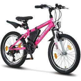 Licorne Bike Guide Premium Mountainbike in 20, 24 und 26 Zoll - Fahrrad f&uuml;r M&auml;dchen, Jungen, Herren und Damen - Shimano 21 Gang-Schaltung, Kinderfahrrad, Kinder Zoll:20;Farbe:Rosa/Wei&szlig;