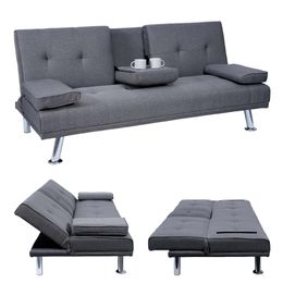 3er-Sofa MCW-F60, Couch Schlafsofa G&auml;stebett, Tassenhalter verstellbar 97x166cm ~ Textil, dunkelgrau