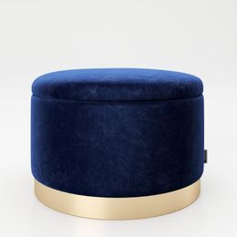 PLAYBOY - runder Pouf "SUE" gepolsterter Sitzhocker mit Stauraum, Samtstoff in Blau, Metallfuss in Goldoptik, Retro-Design