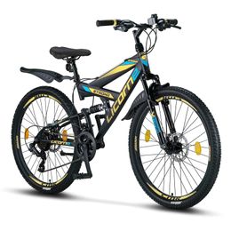 Licorne Bike Strong 2D Premium Mountainbike in 26, 27,5 und 29 Zoll - Fahrrad f&uuml;r Jungen, M&auml;dchen, Damen und Herren - Scheibenbremse vorne und hinten - Shimano 21 Gang-Schaltung - Farbe:Schwarz/Blau/Lime;Zoll:26