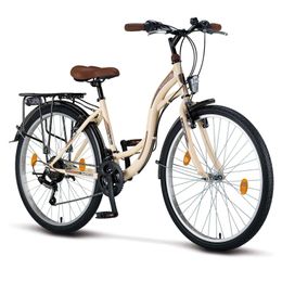 Licorne Bike Stella Premium City Bike 20,24,26 und 28 Zoll Fahrrad f&uuml;r M&auml;dchen Herren und Damen 21 Gang (6 Gang bei 20 Zoll) Holland Citybike Zoll:26;Farbe:Beige