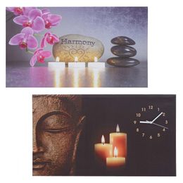 MCW 2er-Set LED-Bild, Leuchtbild Leinwandbild Wandbild, Timer Buddha/Harmony Wanduhr 70x40cm