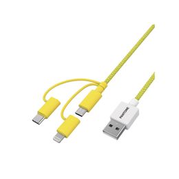 PANTONE 3in1 Kabel gelb 1,2 m USB-C, Lightning und Micro USB Anschluss in einem Kabel Ausgangsleistung bis 2,4A umkehrbarer USB-C-Adapter