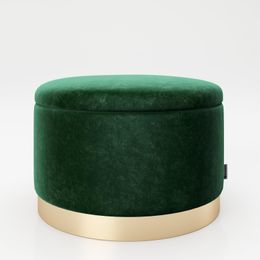 PLAYBOY - runder Pouf "SUE" gepolsterter Sitzhocker mit Stauraum, Samtstoff in Grün, Metallfuss in Goldoptik, Retro-Design