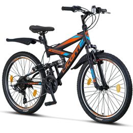 Licorne Bike Strong V Premium Mountainbike in 24 und 26 Zoll - Fahrrad f&uuml;r Jungen, M&auml;dchen, Damen und Herren - Shimano 21 Gang-Schaltung - Vollfederung Zoll:24;Farbe:Schwarz/Blau/Orange
