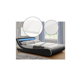 Juskys Polsterbett Bett Valencia 140 x 200 cm schwarz mit Kaltschaummatratze Einzelbett mit LED