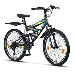 Licorne Bike Strong V Premium Mountainbike in 24 und 26 Zoll - Fahrrad f&uuml;r Jungen, M&auml;dchen, Damen und Herren - Shimano 21 Gang-Schaltung - Vollfederung Farbe:Schwarz/Blau/Lime;Zoll:24