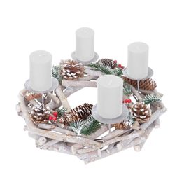 MCW Tischkranz rund, Weihnachtsdeko Adventskranz, Holz Ø 35cm weiß-grau ~ mit Kerzen, weiß