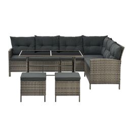 Juskys Gartenlounge Manacor grau - Sofa, Tisch, Hocker & Kissen - 8 Personen - Sitzbez&uuml;ge Grau