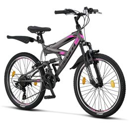 Licorne Bike Strong V Premium Mountainbike in 24 und 26 Zoll - Fahrrad f&uuml;r Jungen, M&auml;dchen, Damen und Herren - Shimano 21 Gang-Schaltung - Vollfederung Zoll:24;Farbe:Anthrazit/Rosa